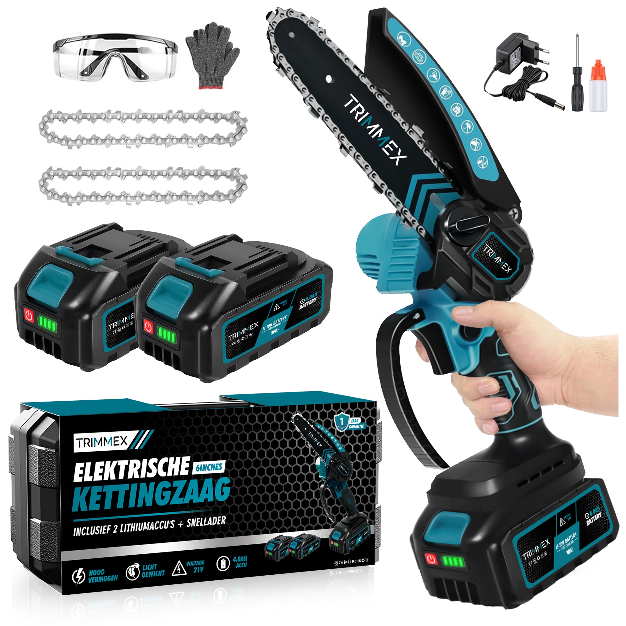 Trimmex® Mini Kettingzaag - Inclusief Opbergkoffer en Twee Krachtige B